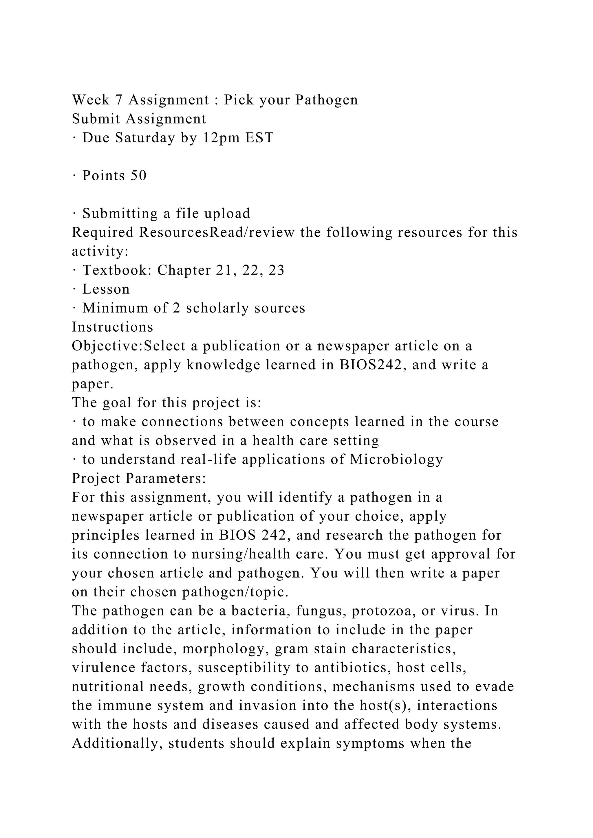 Week 7 Assignment Pick your PathogenSubmit Assignment· Due Sat.docx