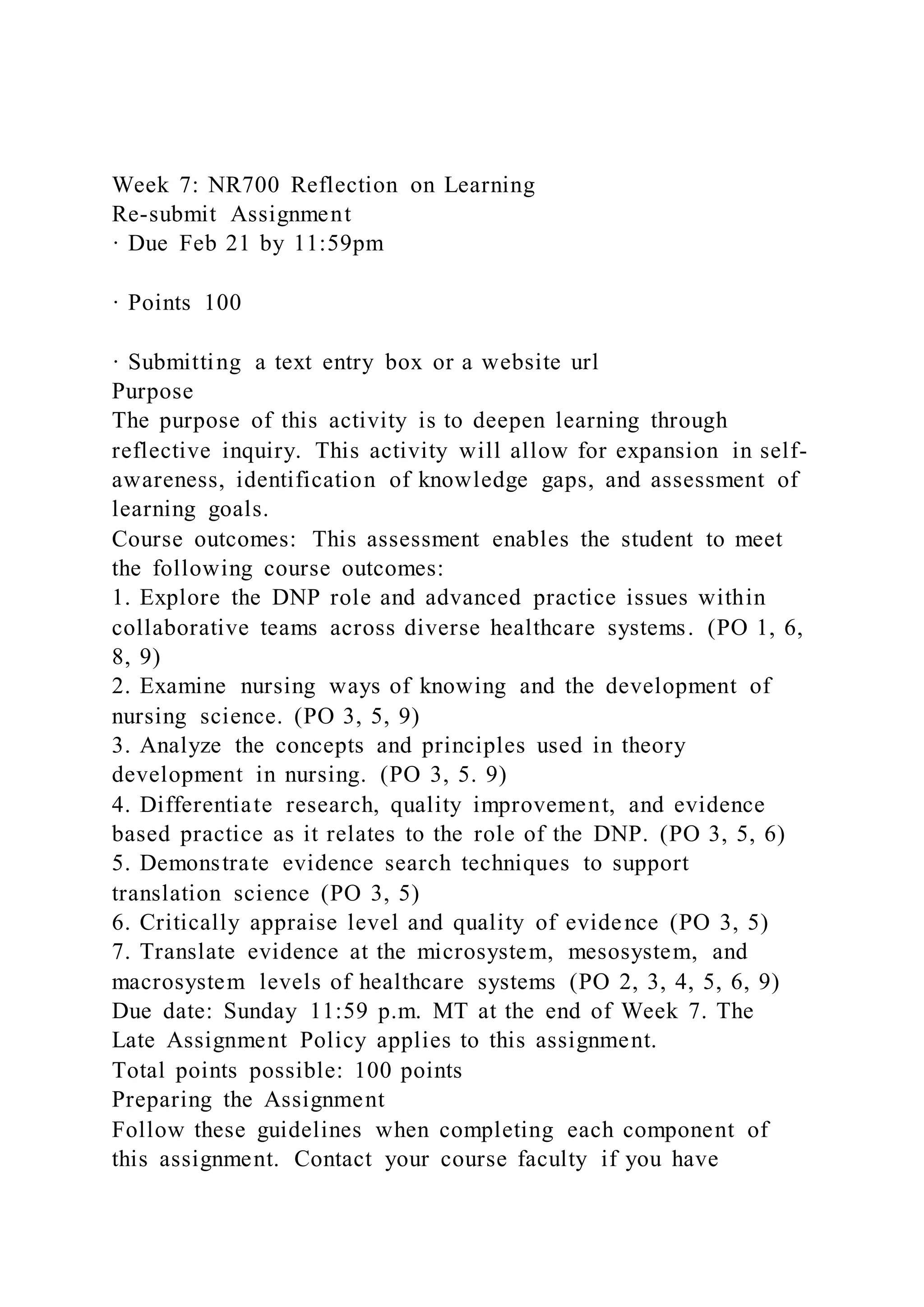 Week 7 nr700 reflection on learning re submit assignment· due | PDF