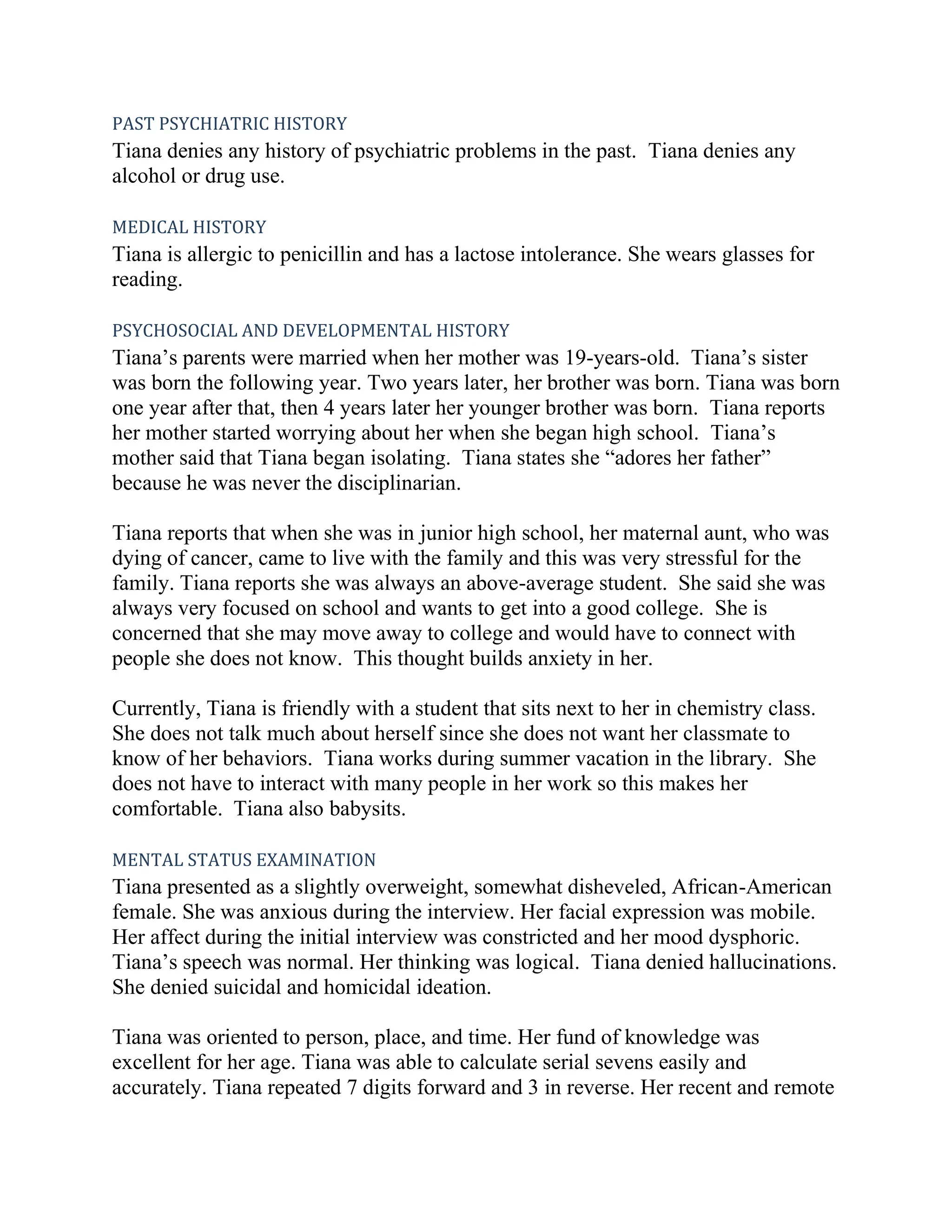 Week 8 Case of Tiana-DIAGNOSIS OF FEEDING AND EATING DISORDERS CASE ...