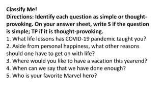 Thought Provoking Questions English Week 8 | PPTX