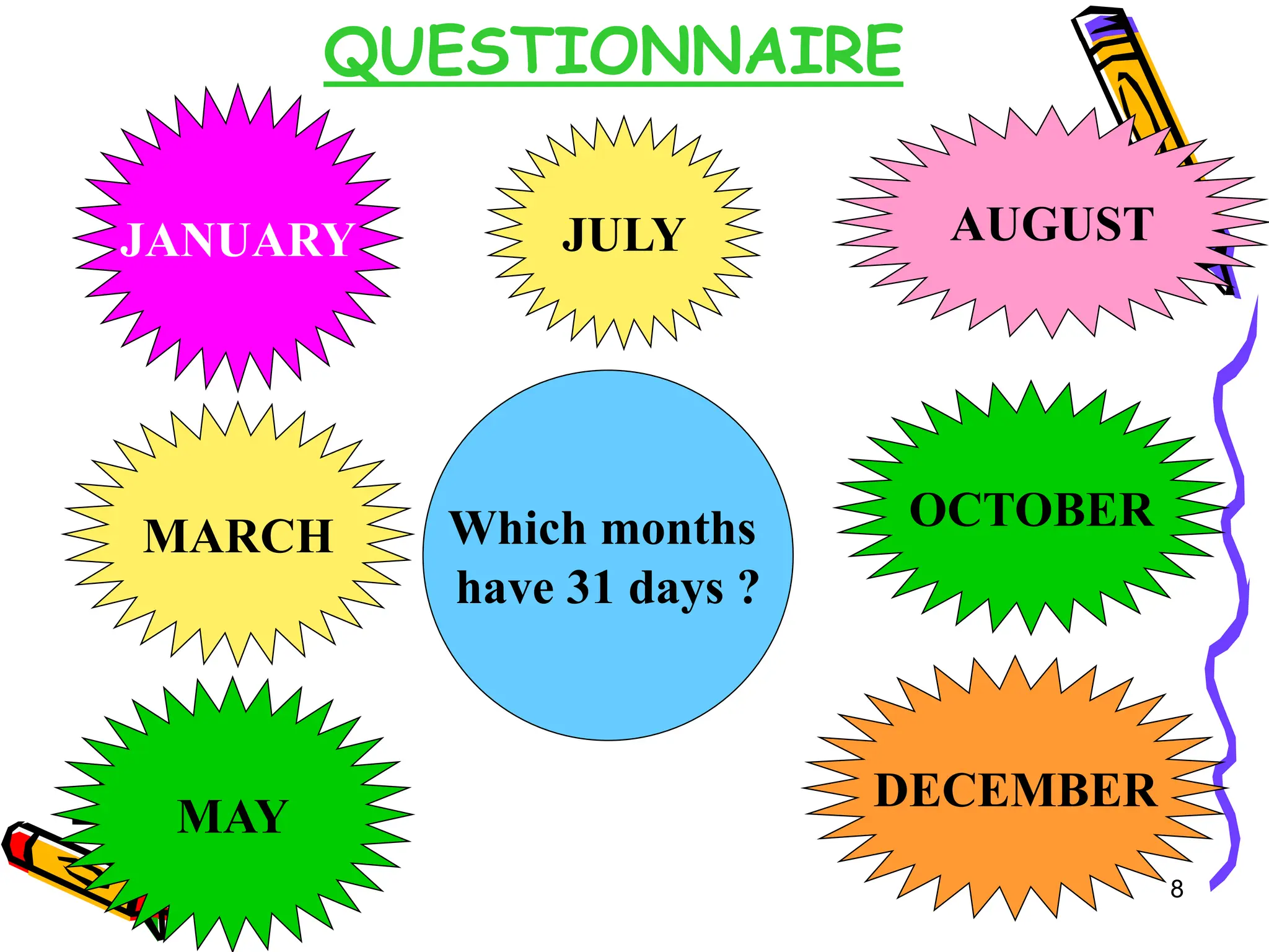 WEEK DAYS ALONG WITH MONTHS NAME WITH QUESTIONNAIRE | PPT | Holidays