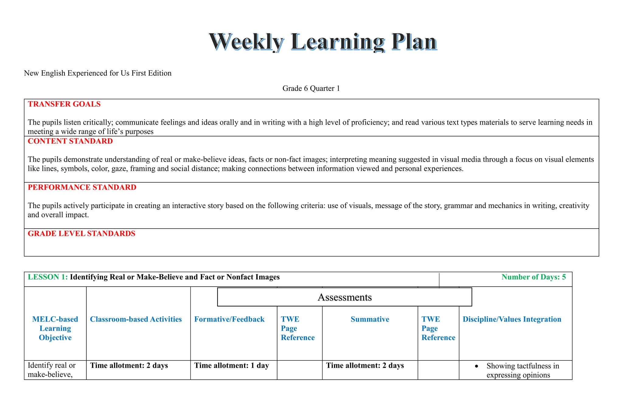 WEEKLY-PLAN-GRADE6 lesson plan for grade 6 | DOCX