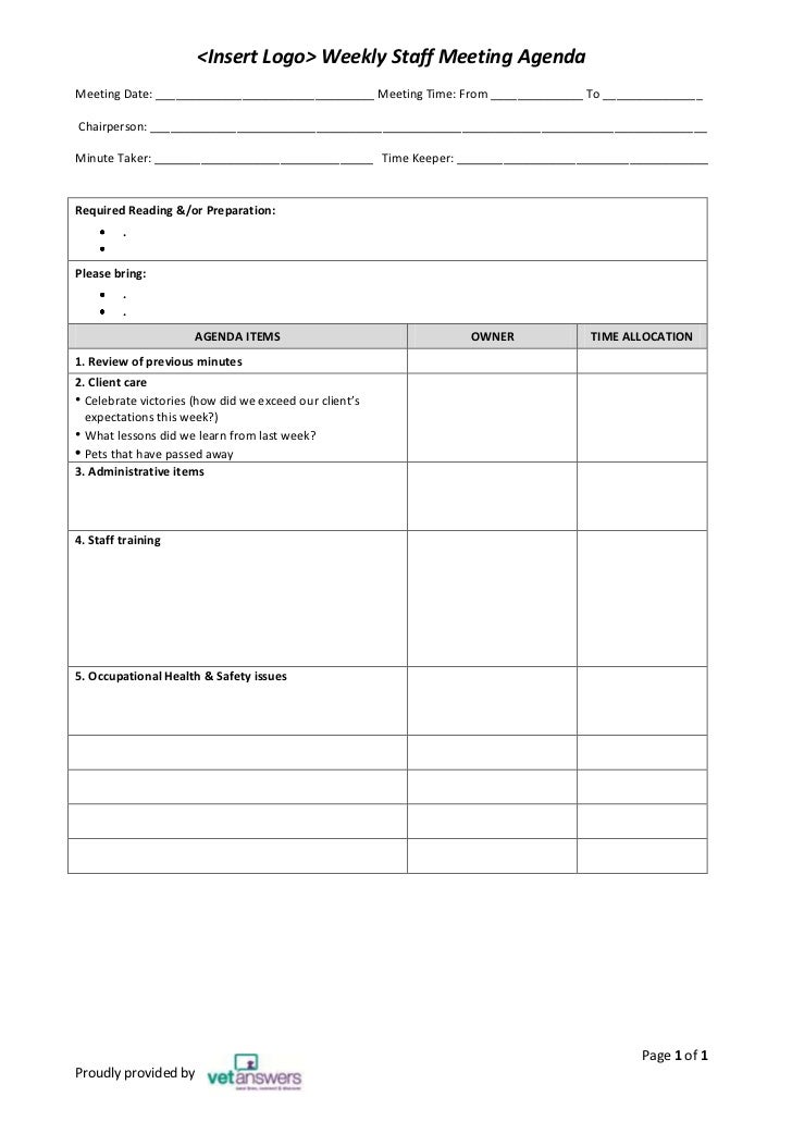 Weekly Staff Meeting Agenda Weekly Staff Meeting Agenda