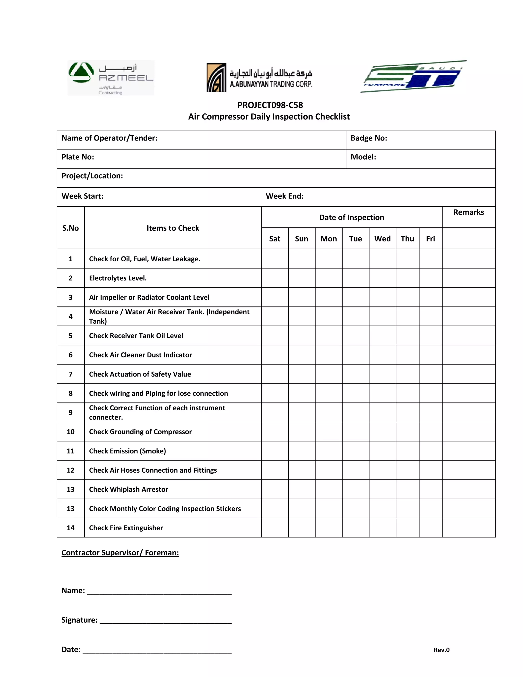 Weekly air compressor check list | PDF