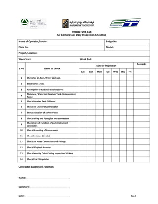Daily Inspection Checklist Air Compressor PDF, 45% OFF