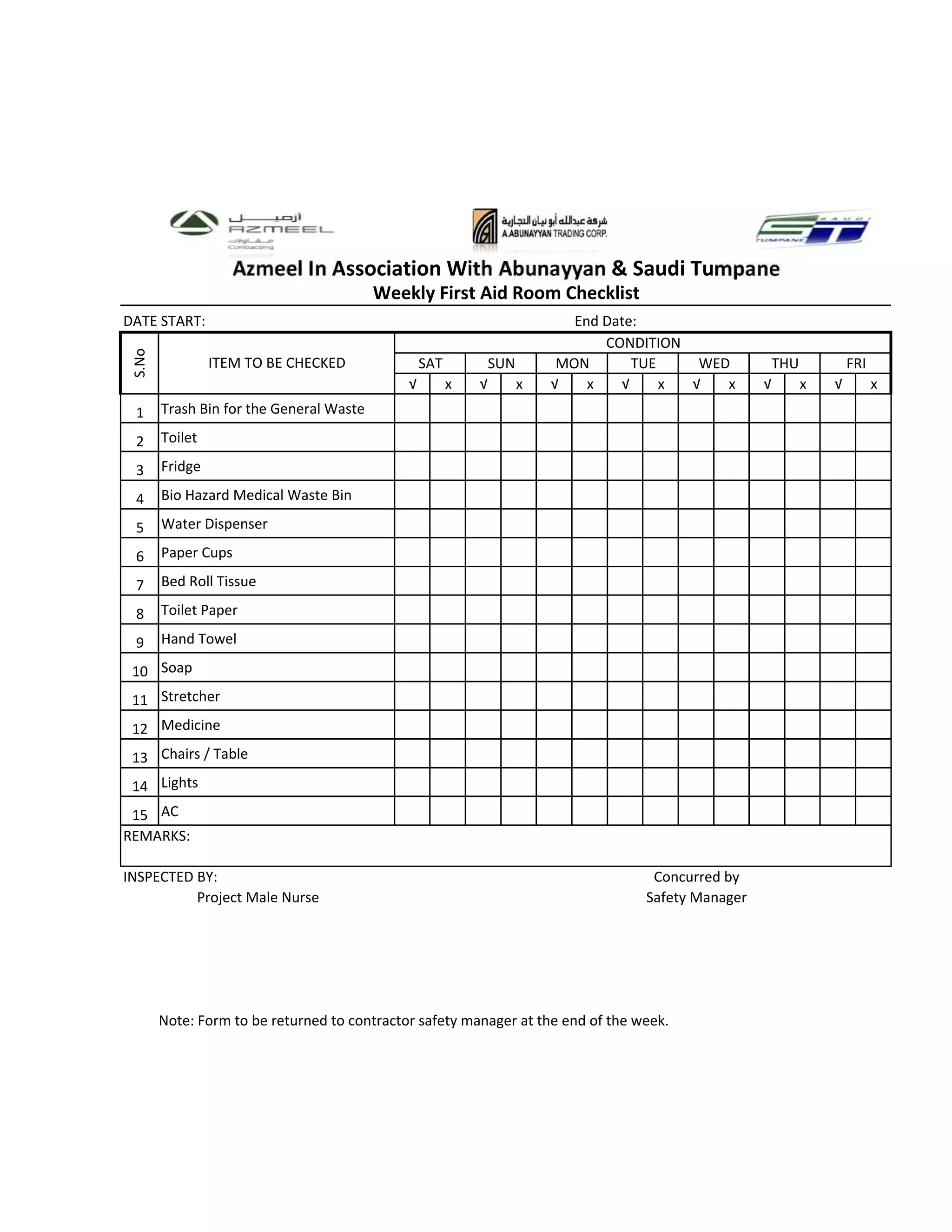 Weekly first aid room checklist | PDF