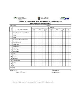 Weekly first aid room checklist | PDF