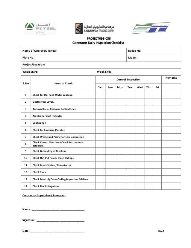 Weekly Generator Check List Weekly Generator Check List