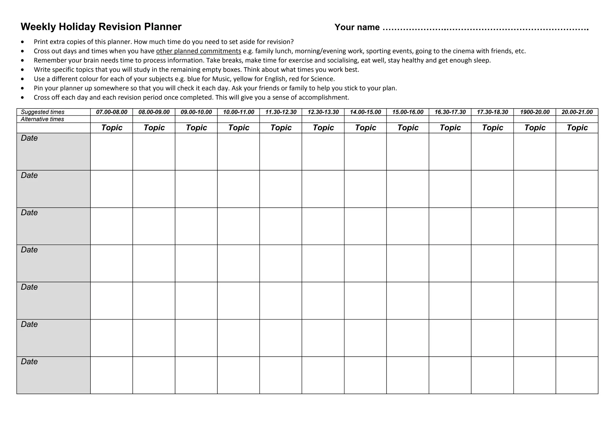 Weekly holiday revision planner | PDF