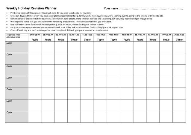 Weekly holiday revision planner | PDF