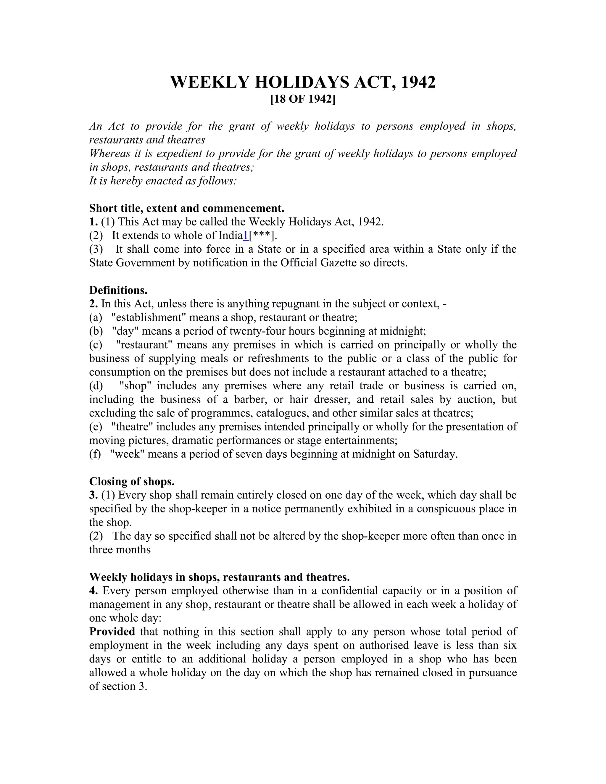 Weekly Holidays Act 1942 | PDF
