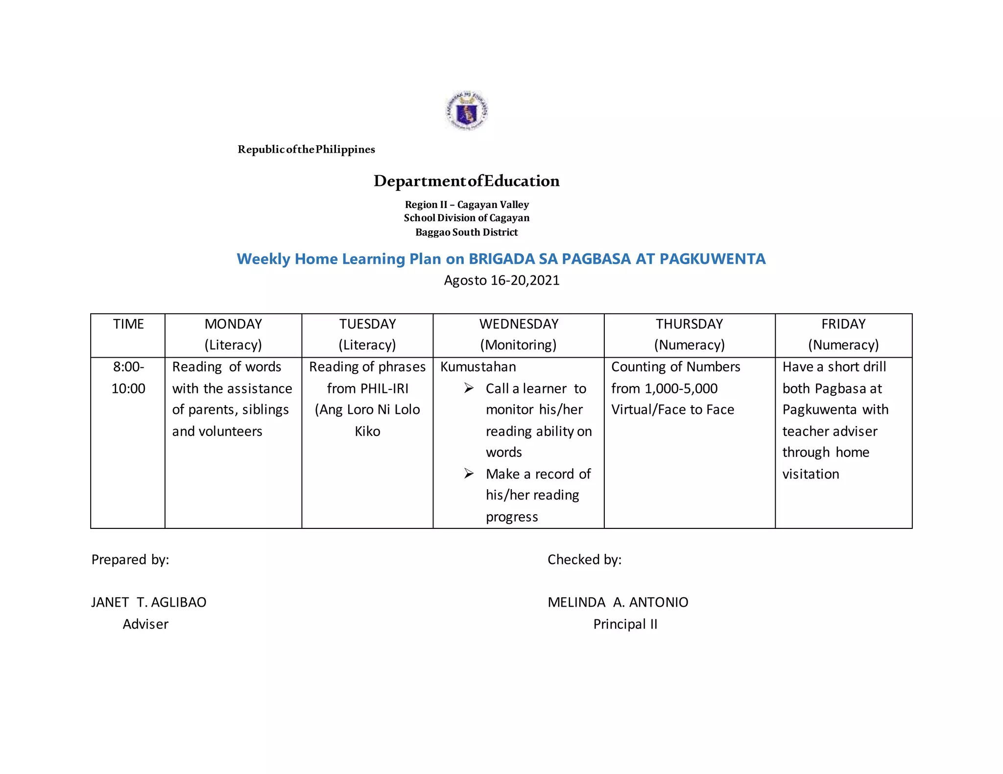 Weekly home learning plan on brigada sa pagbasa at pagkuwenta | PPT
