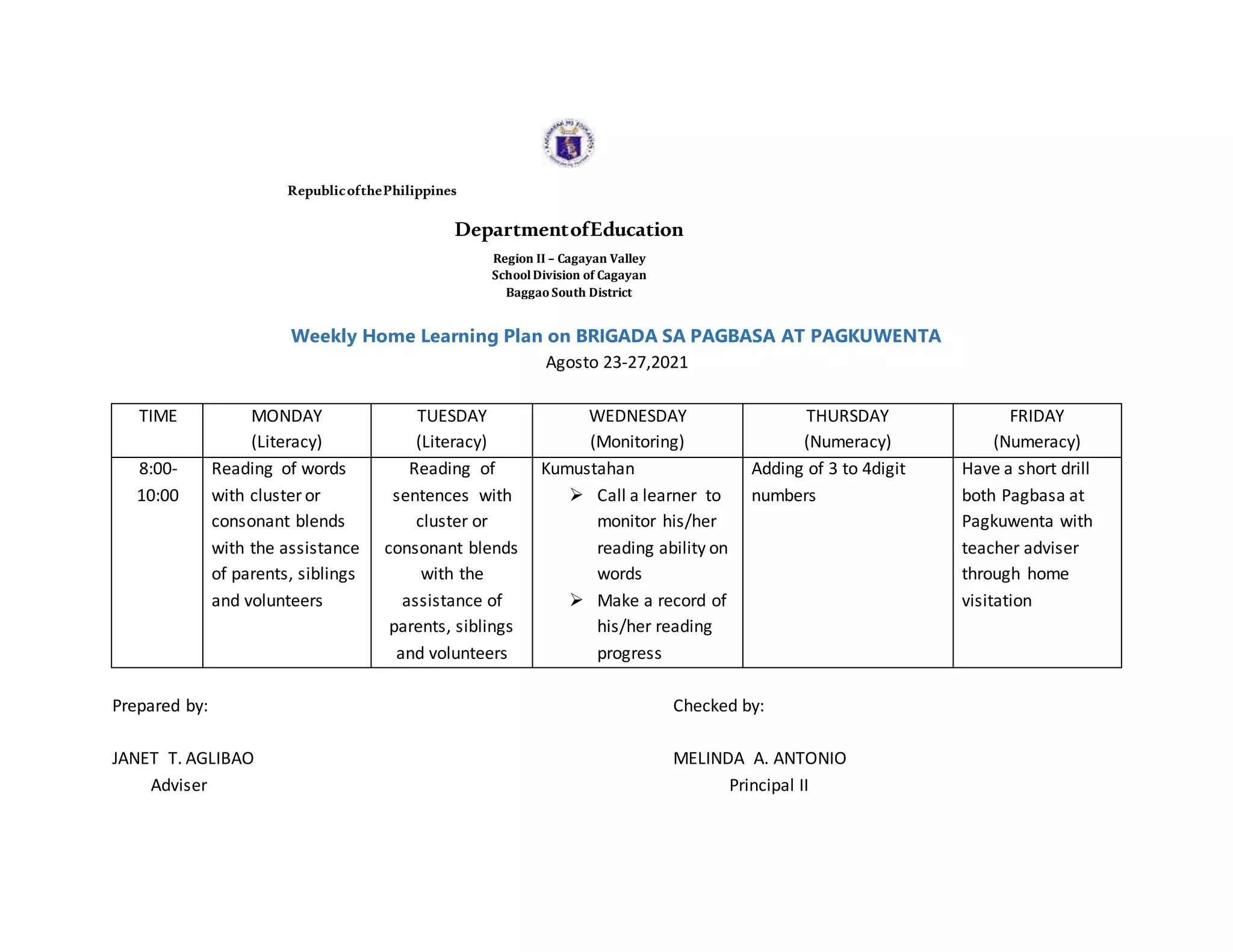 Weekly home learning plan on brigada sa pagbasa at pagkuwenta | PPT