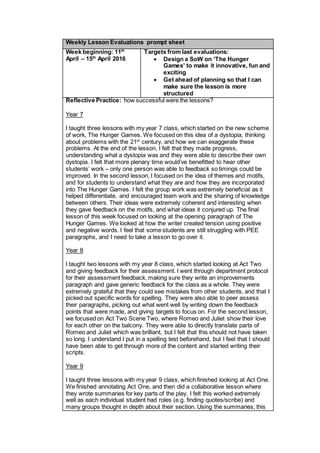 Weekly Lesson Evaluations 11th - 15th April | DOCX