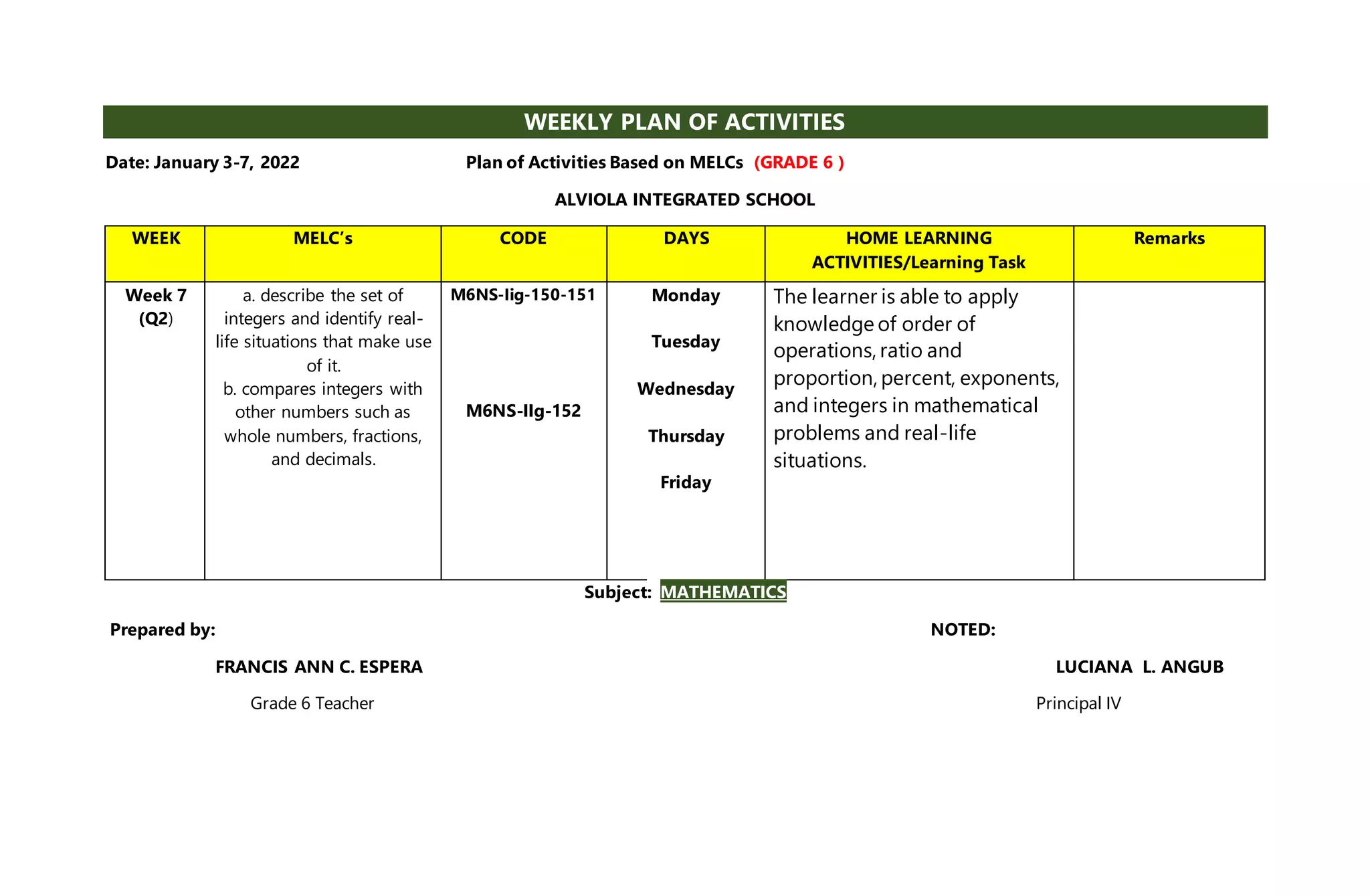 Weekly plan of activities('21 22) | DOCX