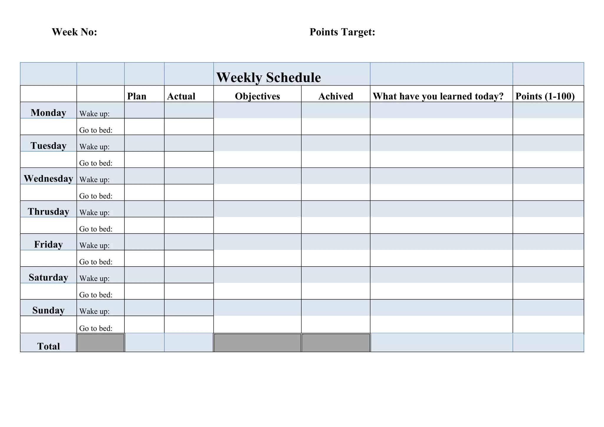 Weekly schedule | DOCX