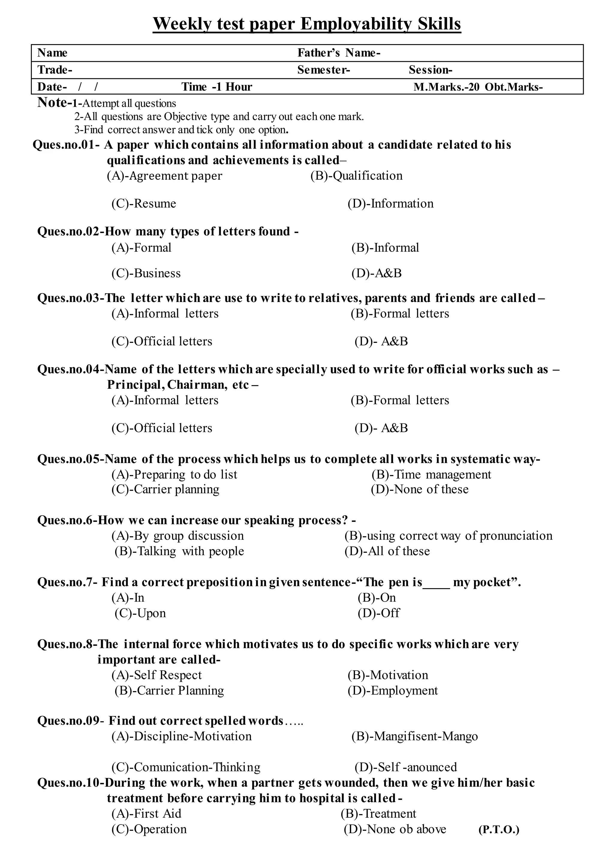 Employabilty Skills Model Paper Prepared By Shakeel Ahamad | PDF