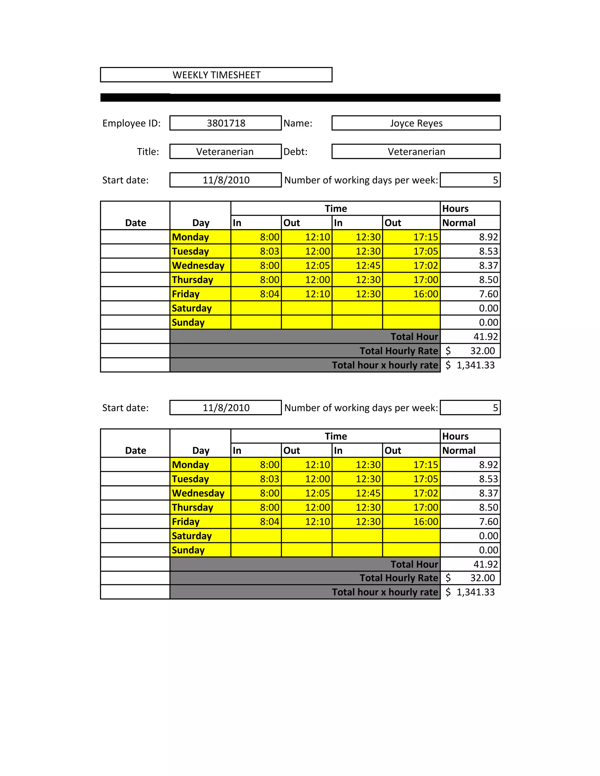 Weekly timesheet | XLSX