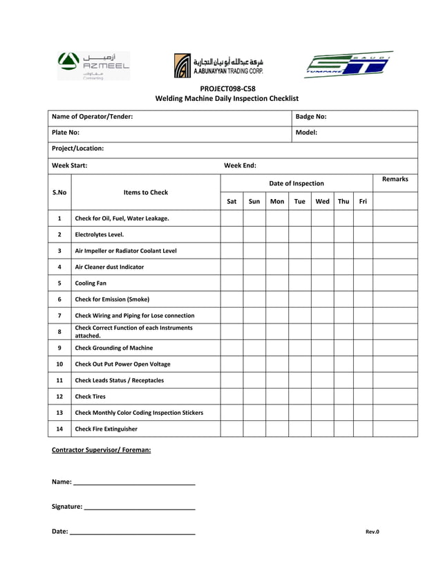 Weekly welding machine checklist | PDF