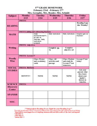 Week of February 23rd | DOCX | Homework and Study | Education