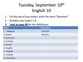 Week of monday , september 9th | PPTX | Books and Literature