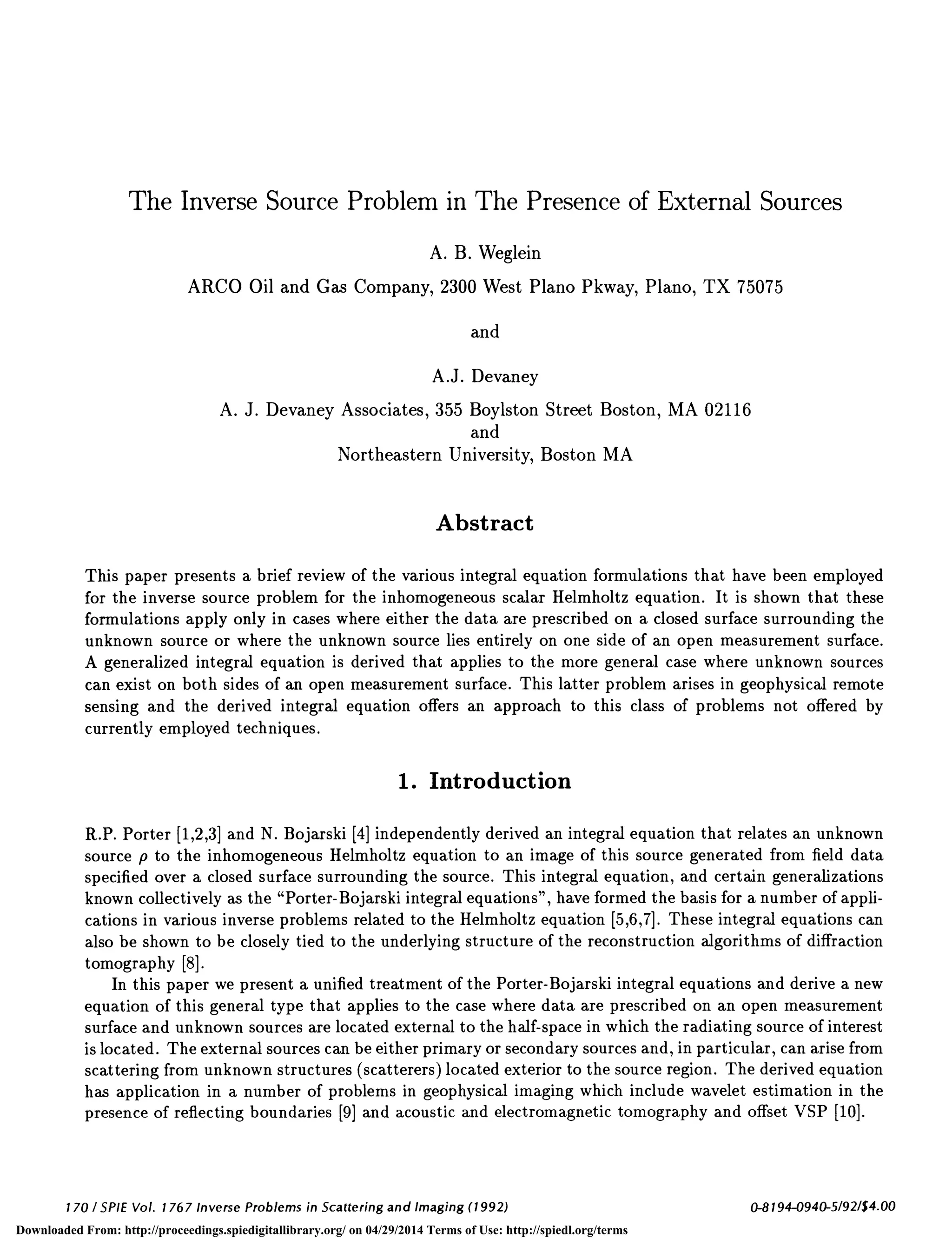 The Inverse Source Problem In The Presence Of External Sources Arthur B Weglein Pdf
