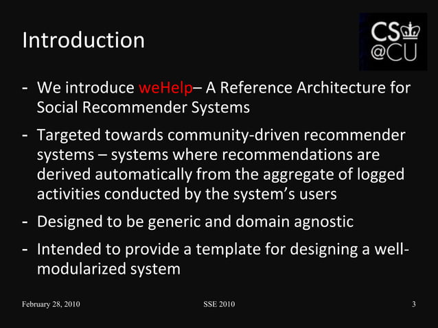weHelp: A Reference Architecture for Social Recommender Systems | PPT