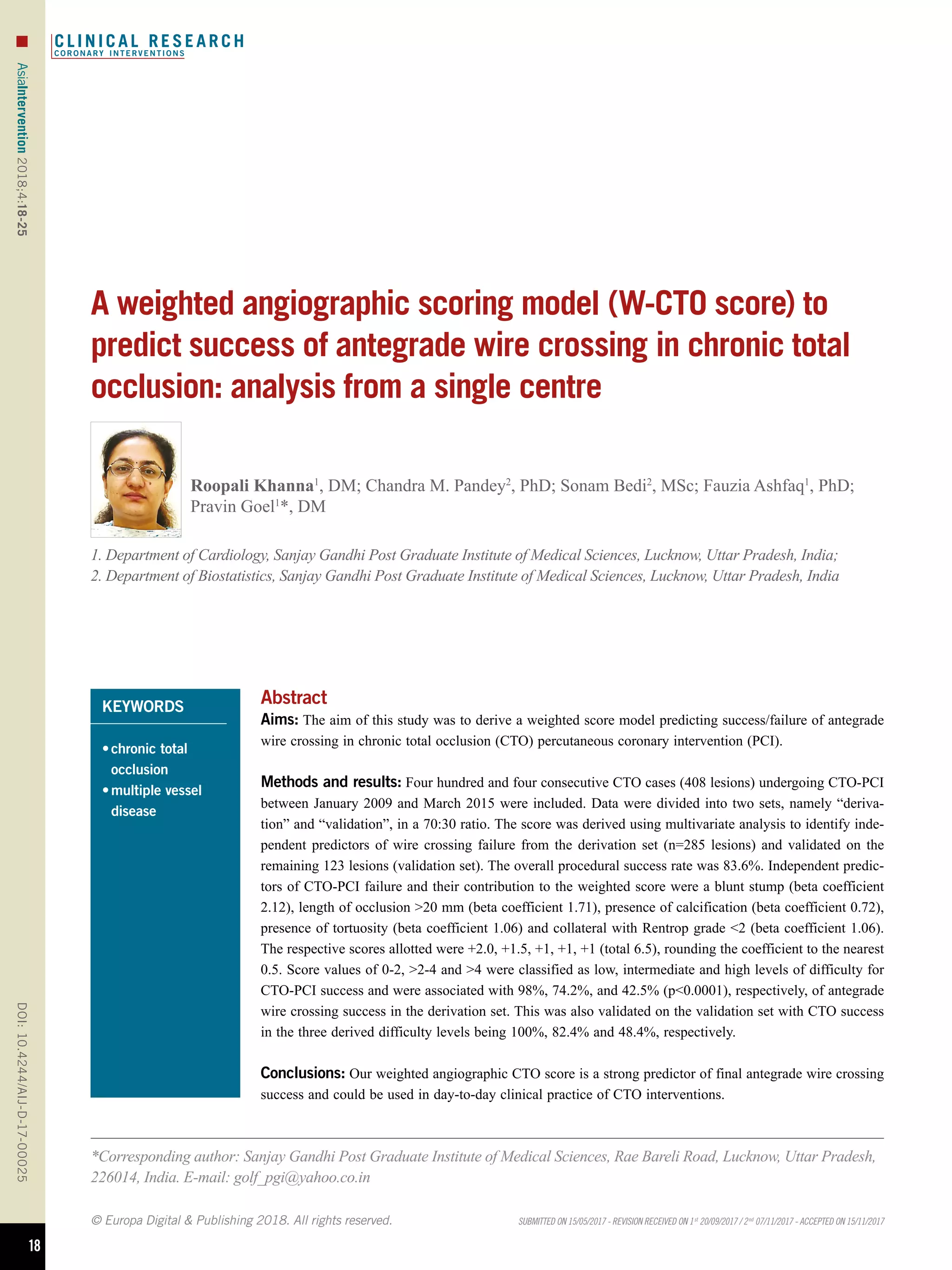 Weighted angiographic scoring model (w cto score) | PDF