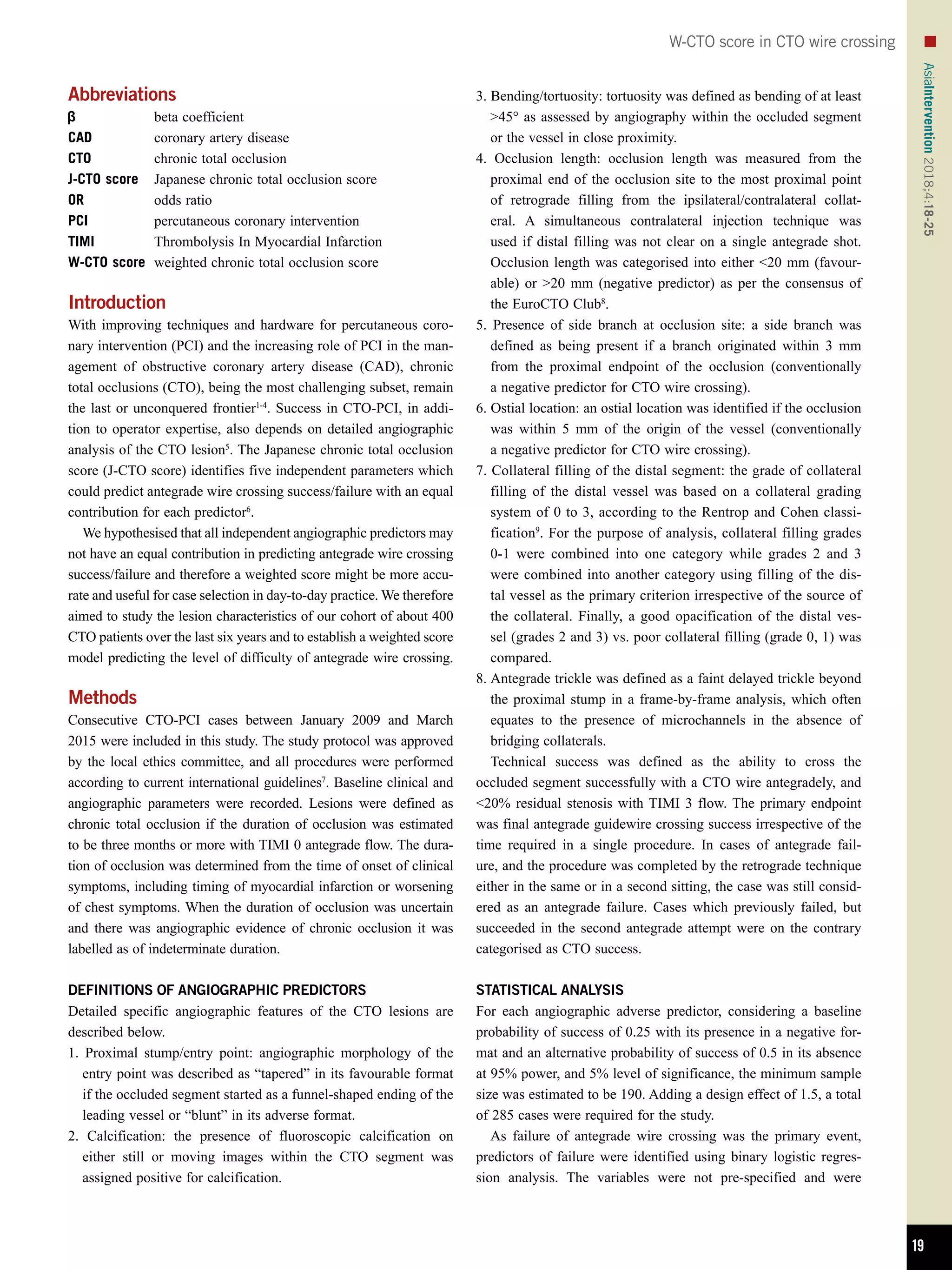 Weighted angiographic scoring model (w cto score) | PDF
