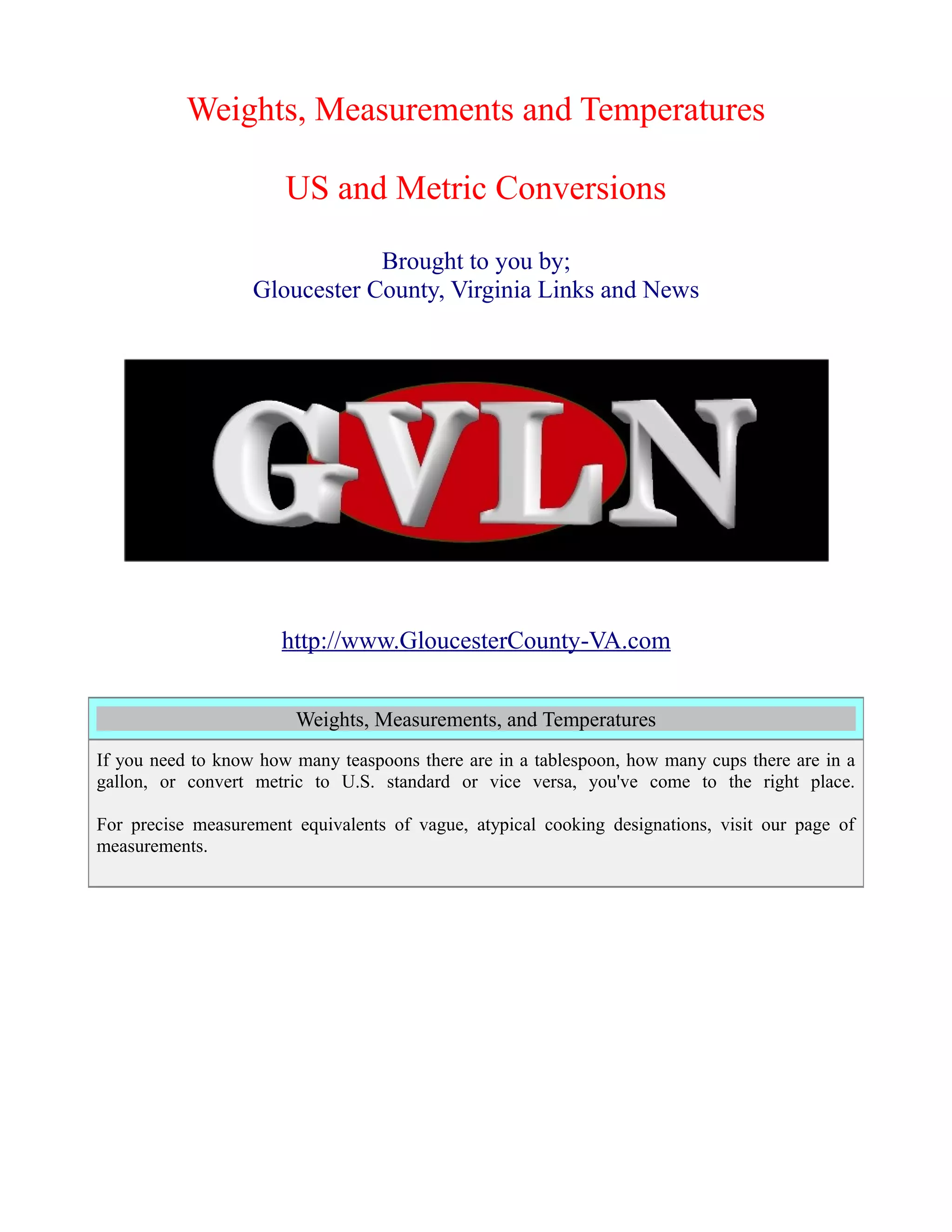 Weights, Measurements and Temperatures US and Metric Conversions | PDF