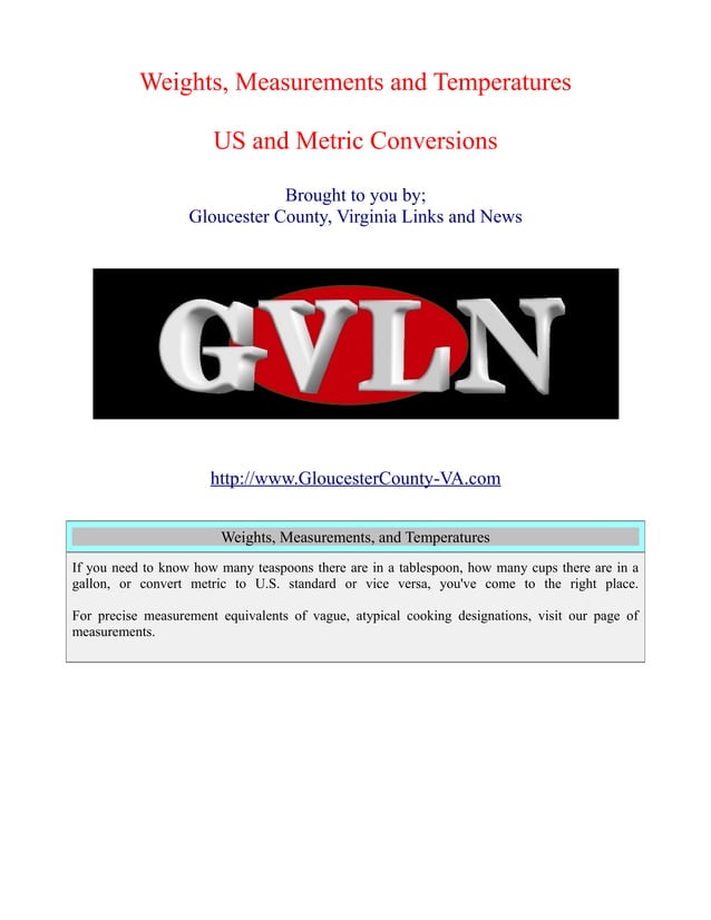 Weights, Measurements and Temperatures US and Metric Conversions | PDF