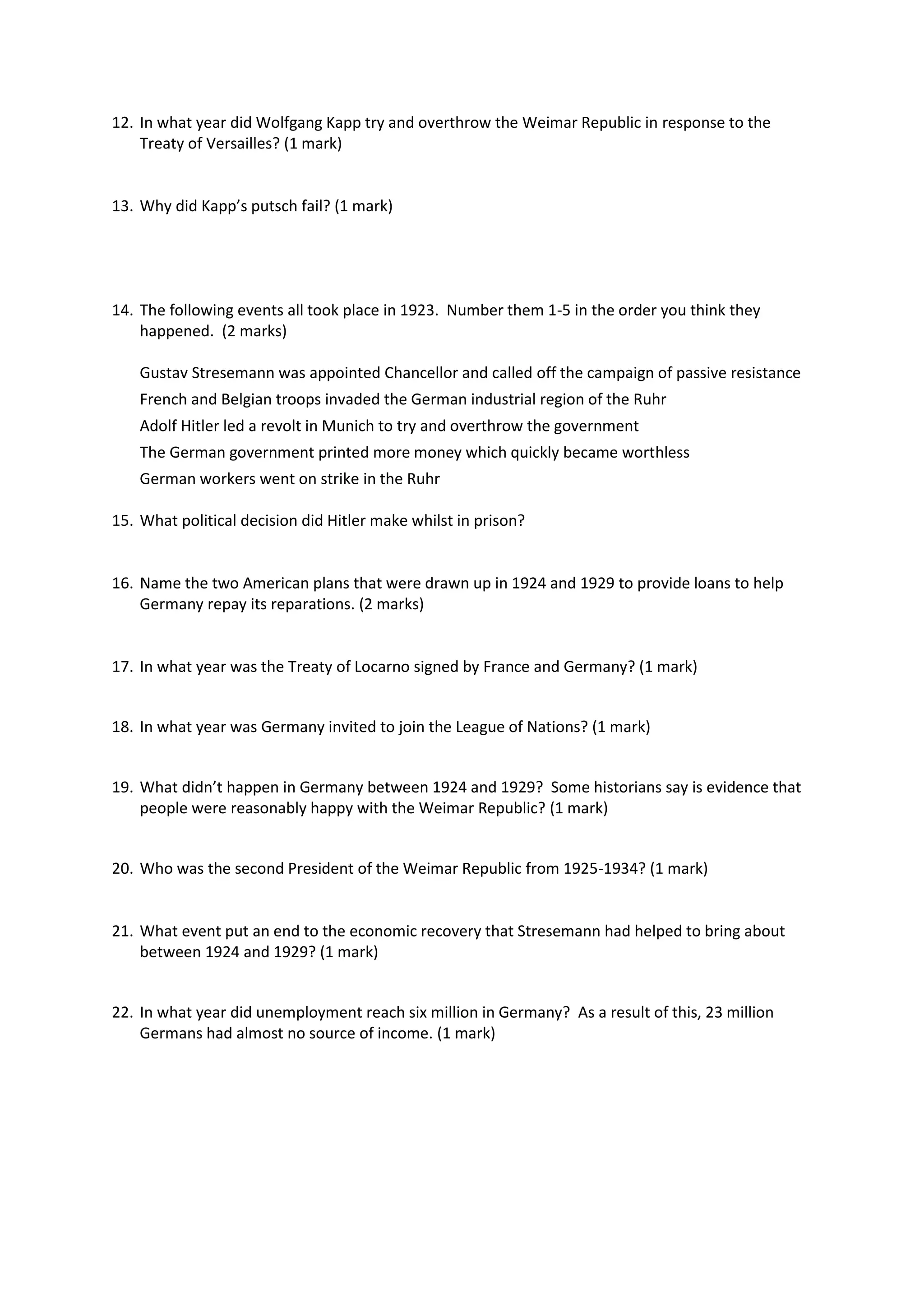 Weimar Republic Test | PDF