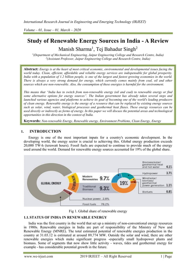 Study of Renewable Energy Sources in India - A Review | PDF