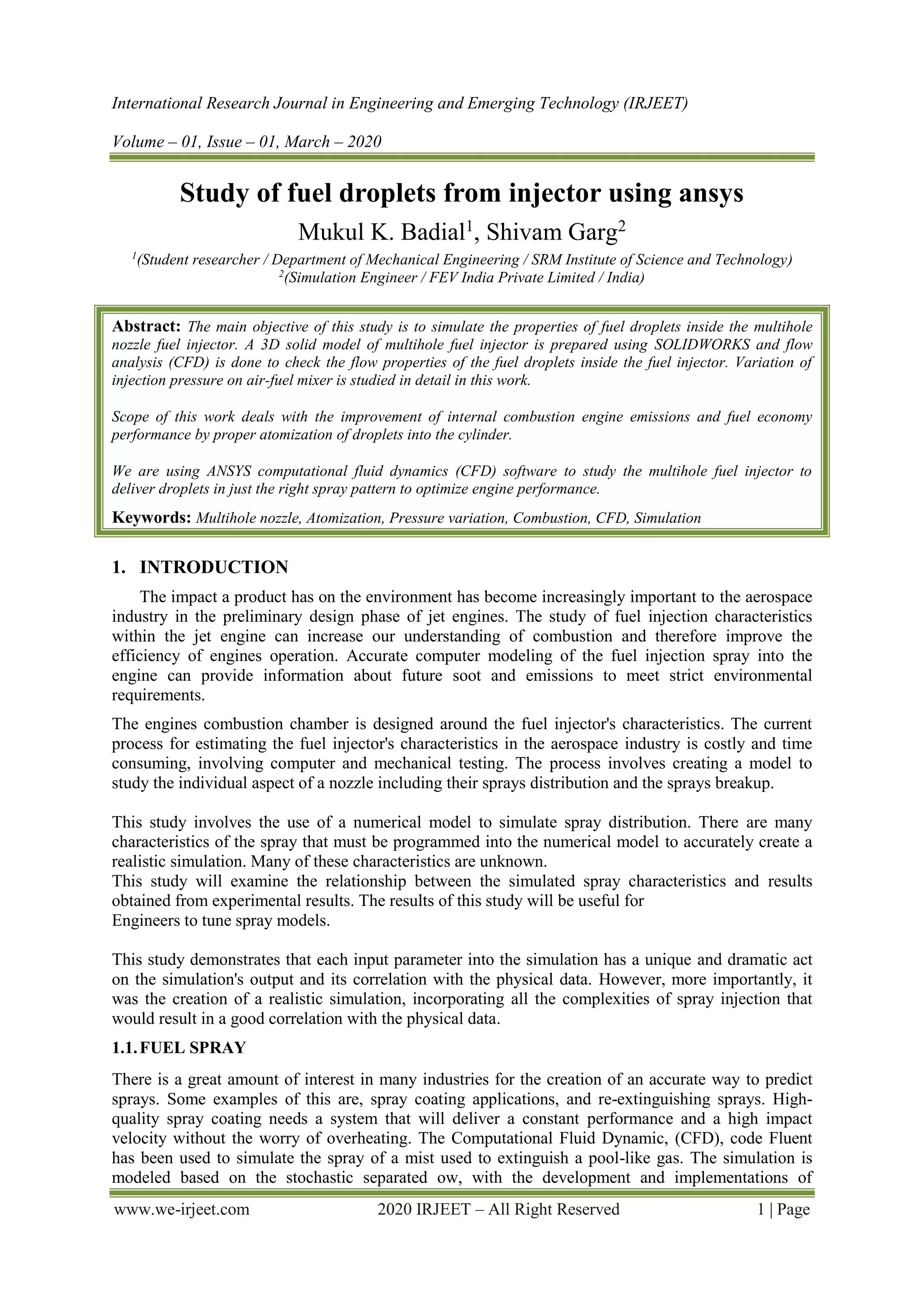 Study of fuel droplets from injector using ansys | PDF