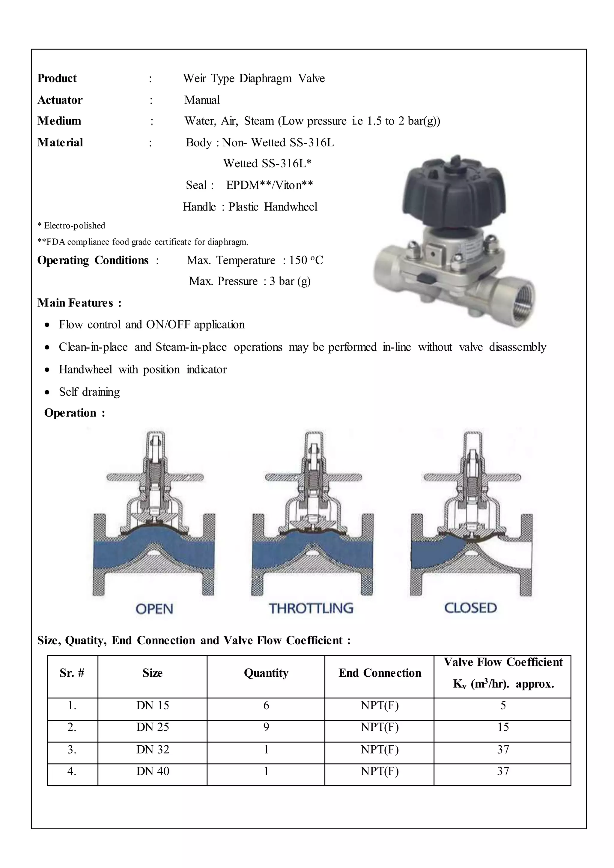 Weir type diaphragm valve specs | DOC