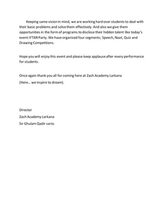 Welcome address iftar party at Zah academy Larkana | DOCX