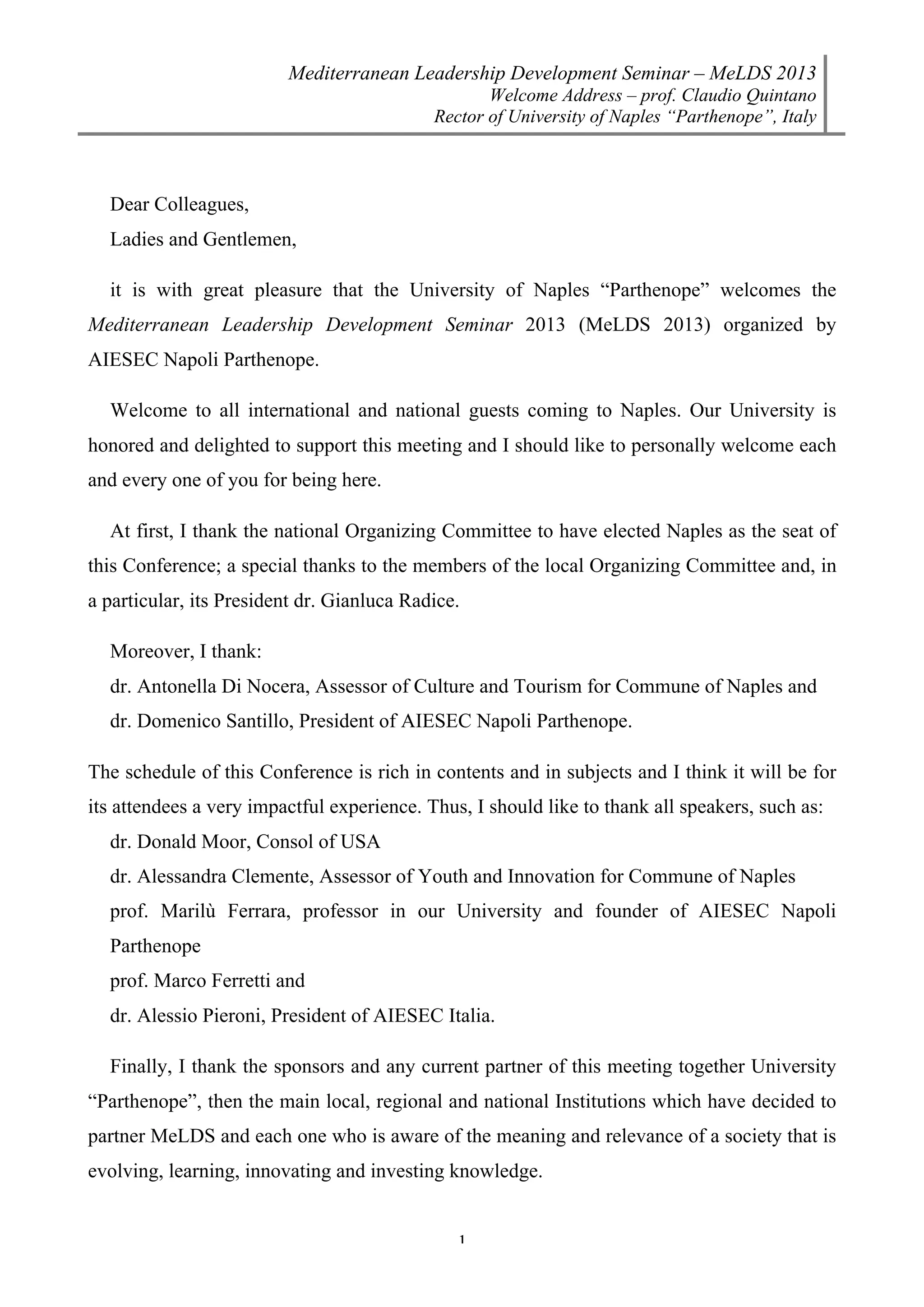 Welcome address rector quintano_aiesec_me_lds2013 | PDF