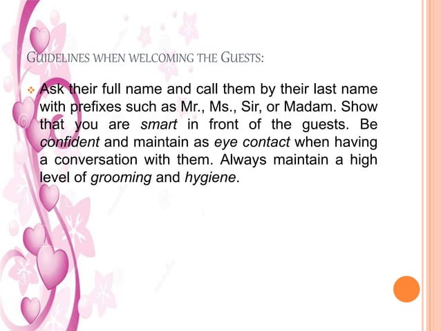 WELCOME AND SEAT THE GUESTS.pptx | Hotels and Motels | Travel Type