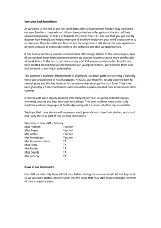 Welcome back newsletter primary sept 2019 | PDF