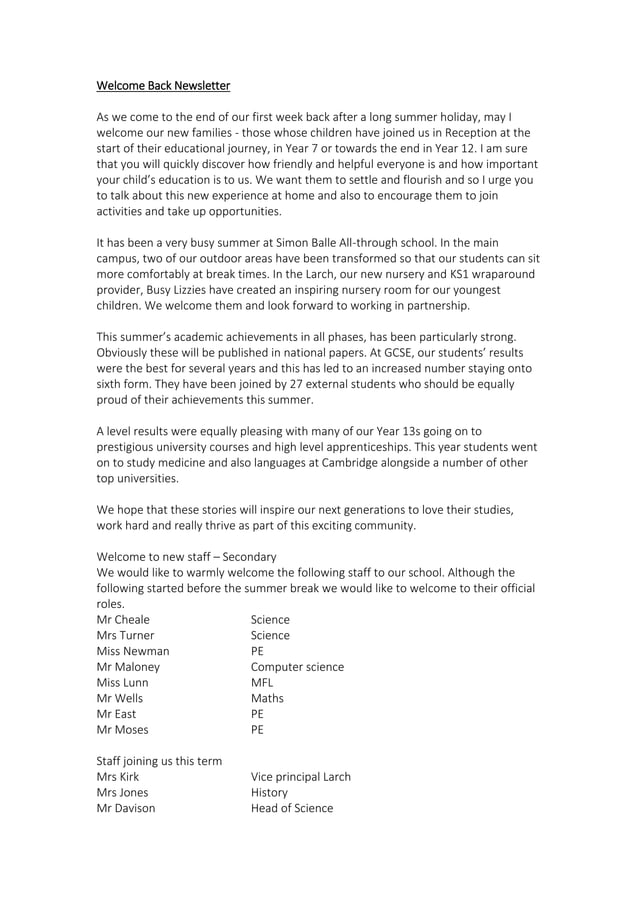 Welcome back newsletter secondary sept 2019 | PDF