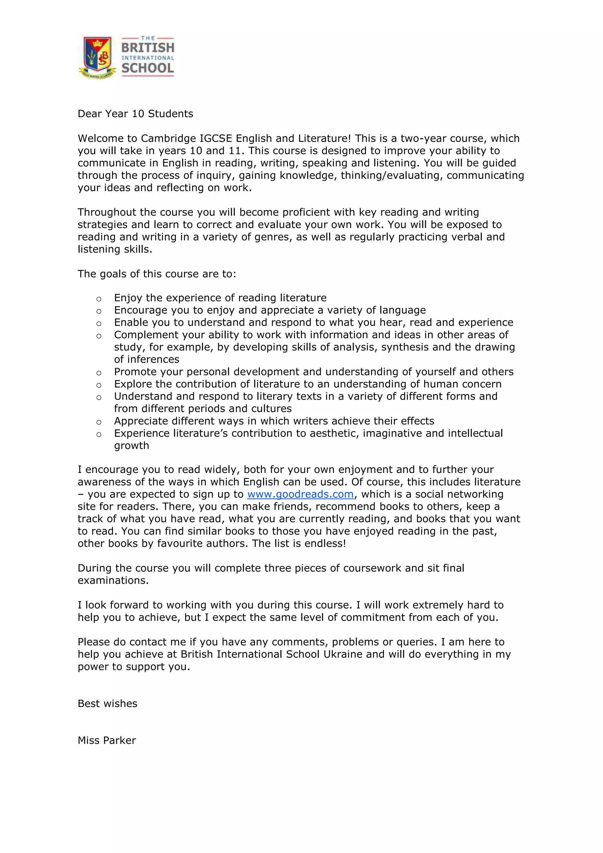Welcome letter year 10 | DOCX