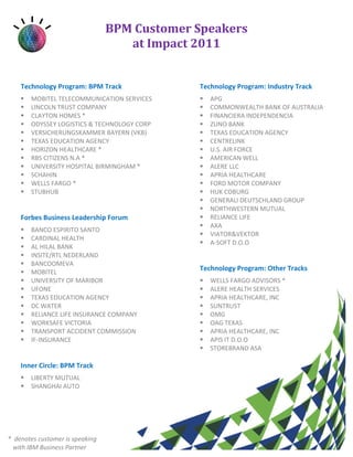 Welcome letter from phil gilbert with list of bpm customer speakers | PDF