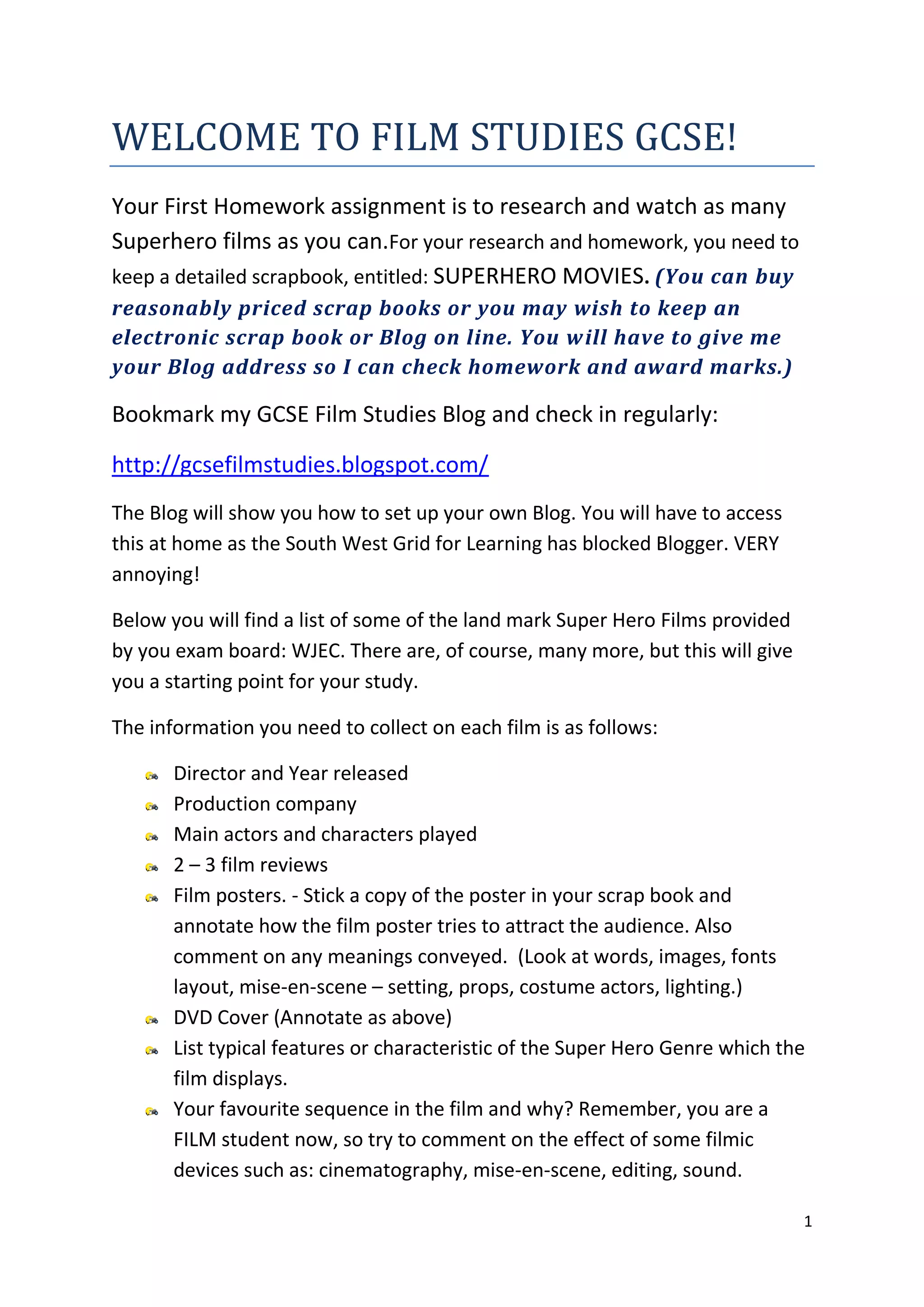 Welcome to film studies gcse homework 1 | DOCX