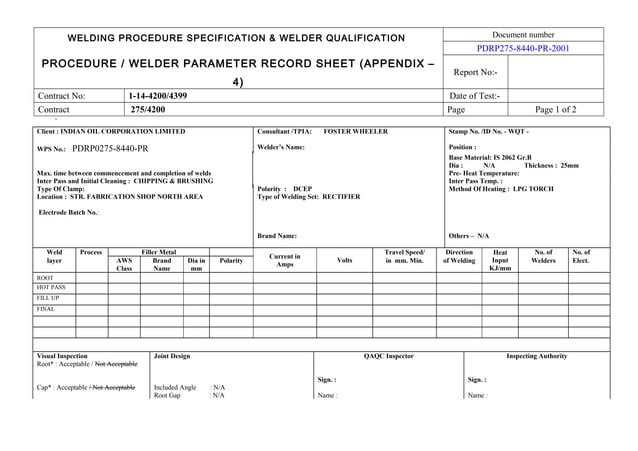 Welder parameter sheet | DOC