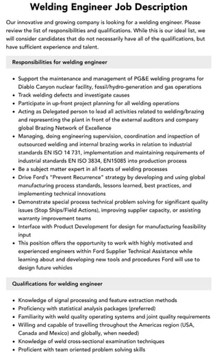 Welding Engineer -- JD / Job Description | PDF