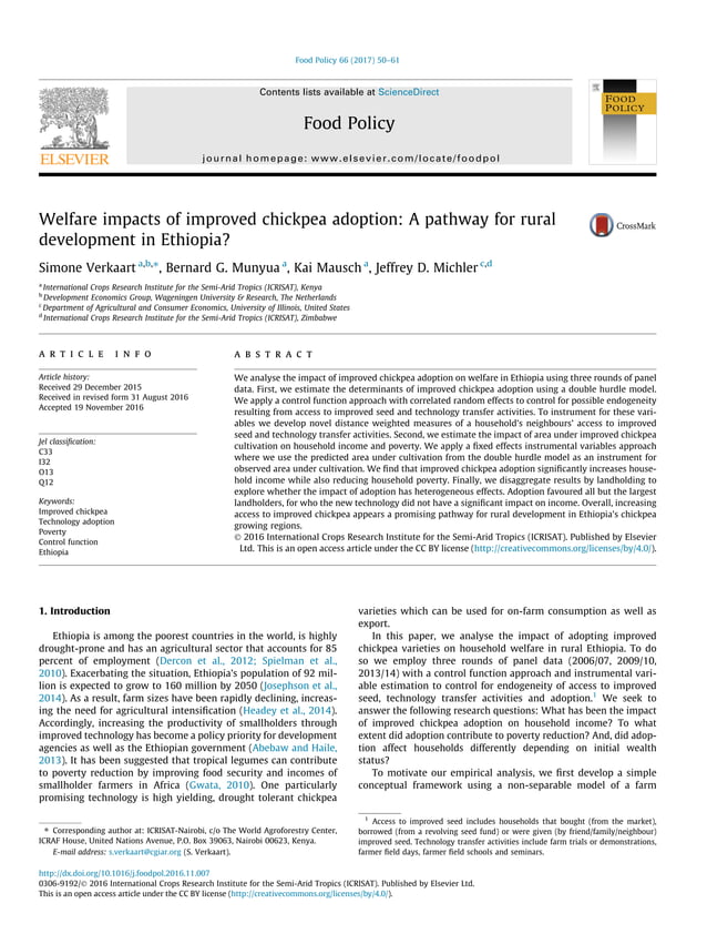 Welfare impacts of improved chickpea adoption a pathway for rural ...