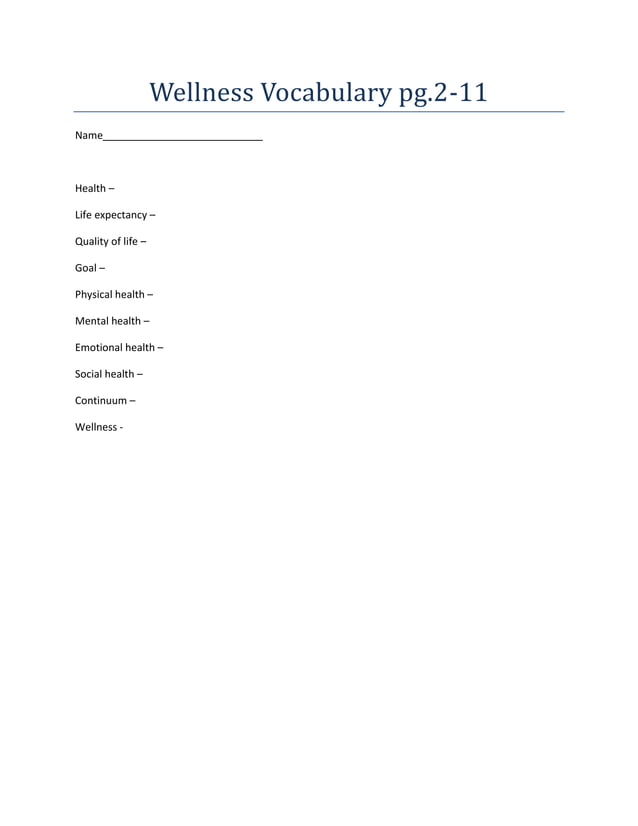 Wellness Vocabulary Page | PDF