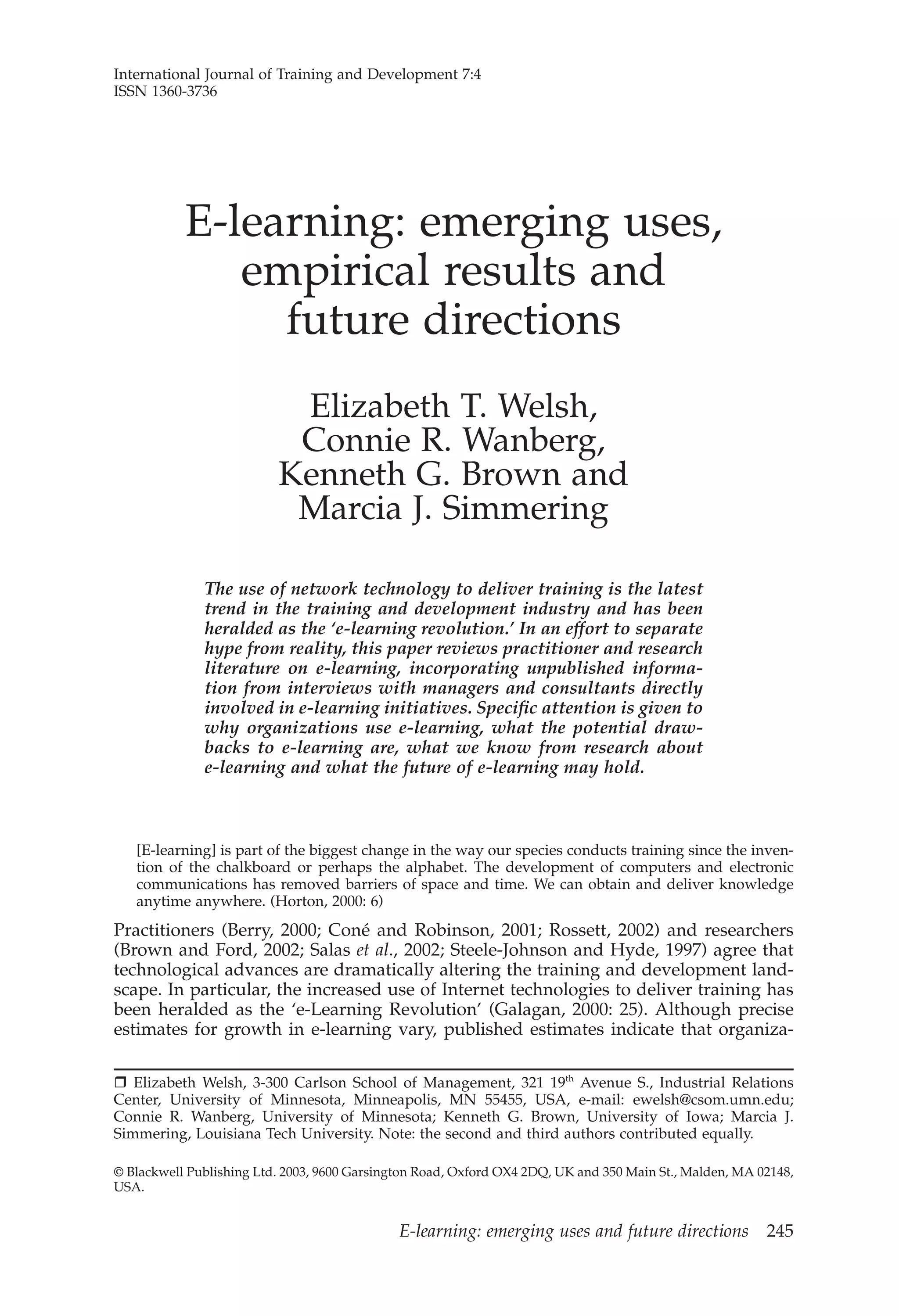 E-learning: emerging uses,empirical results and future directions. | PDF