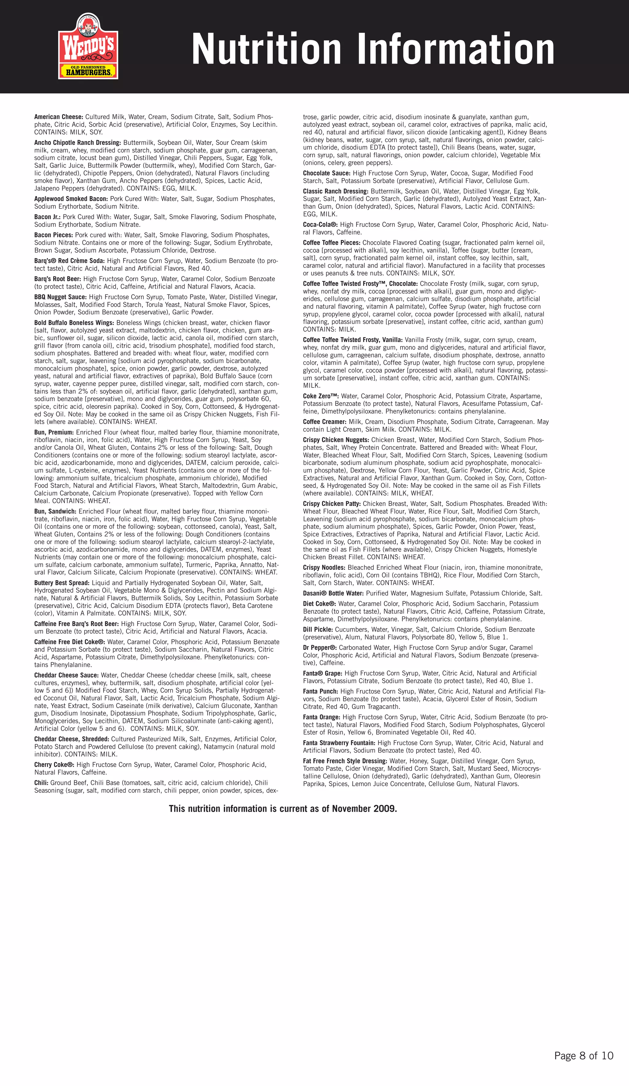 Wendy's Nutritional Information | PDF