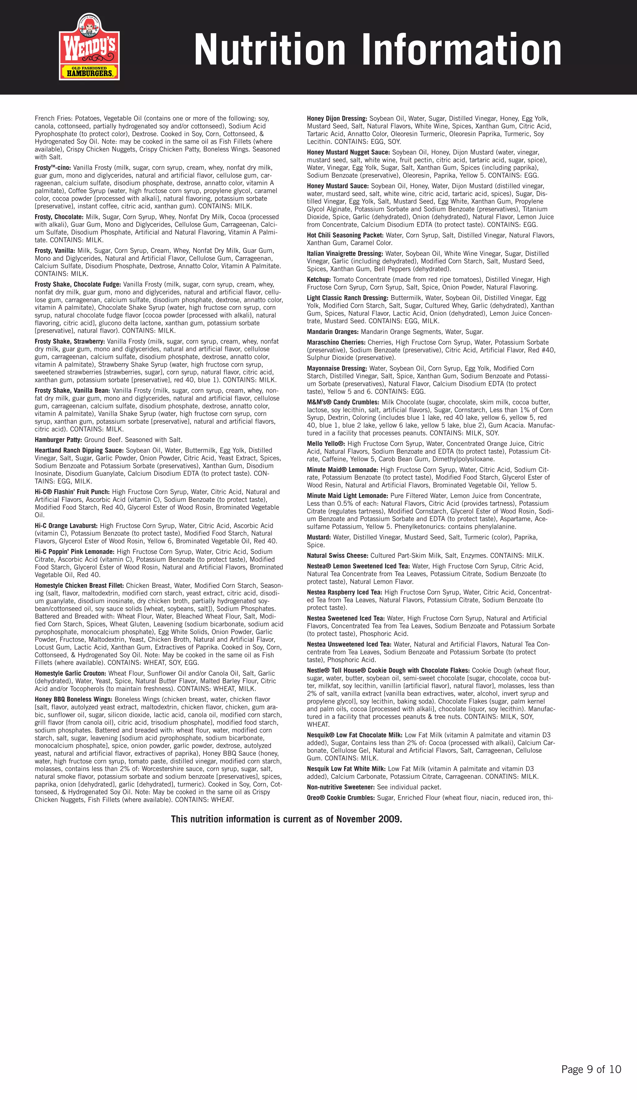 Wendy's Nutritional Information | PDF